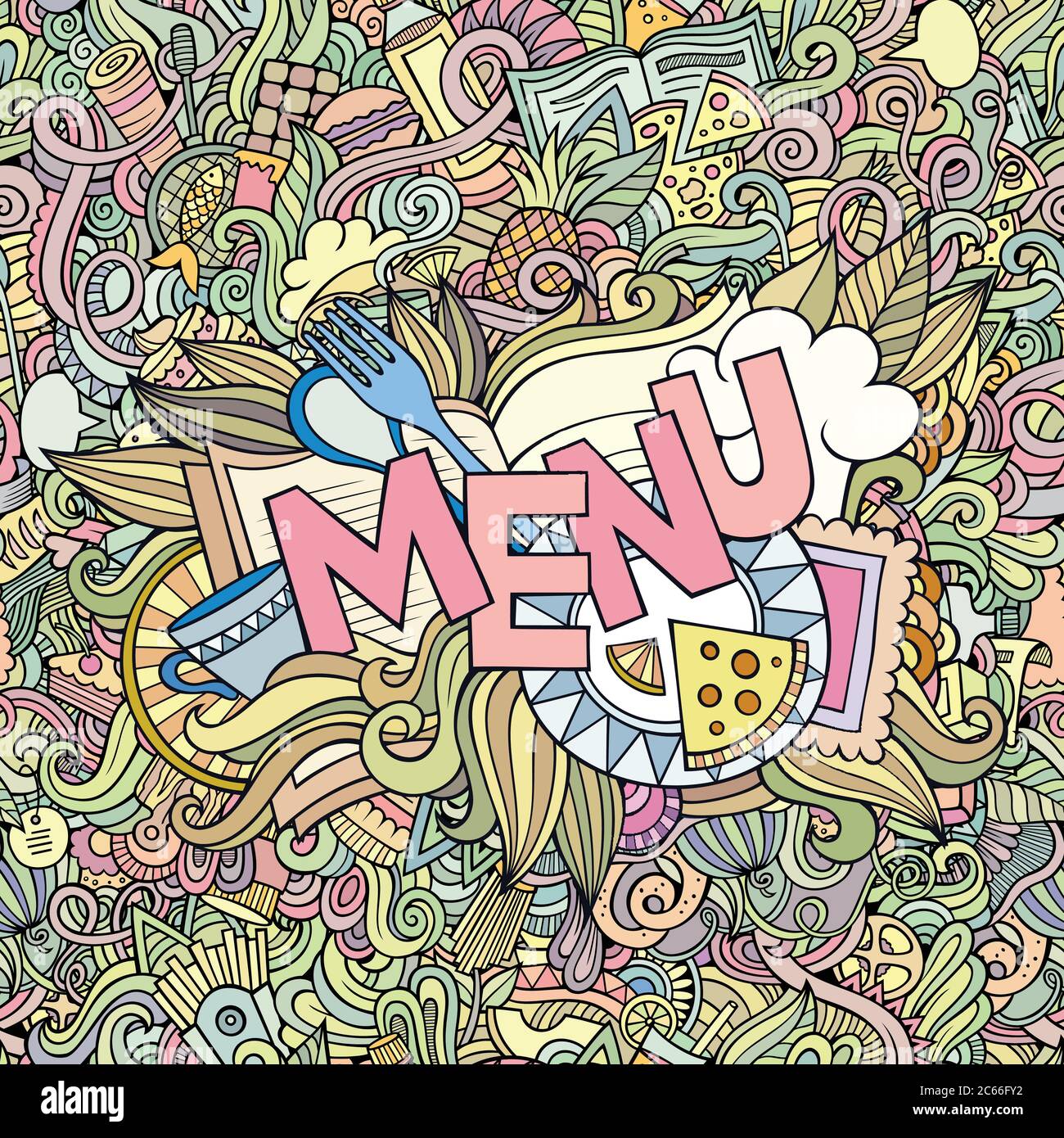 Menu cartoon hand lettering and doodles elements background Stock ...