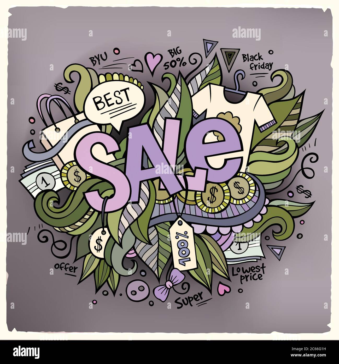 Sale cartoon hand lettering and doodles elements background Stock ...
