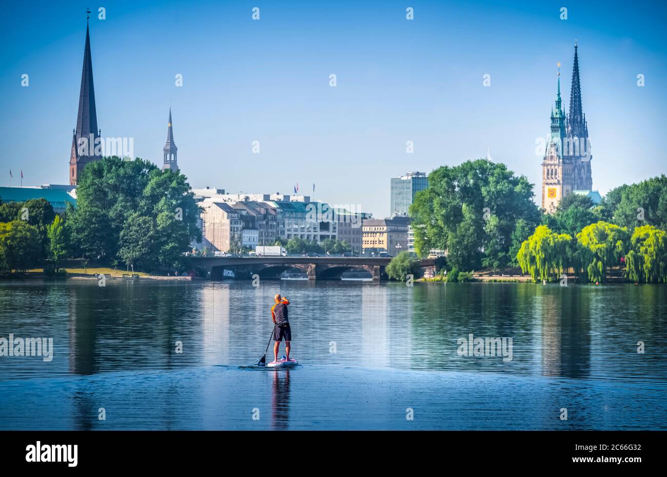 Germany, Hamburg, Outer Alster Lake, Stand-up Paddleboarding Stock ...