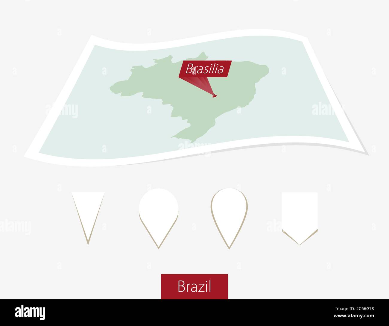 Curved paper map of Brazil with capital Brasilia on Gray Background ...