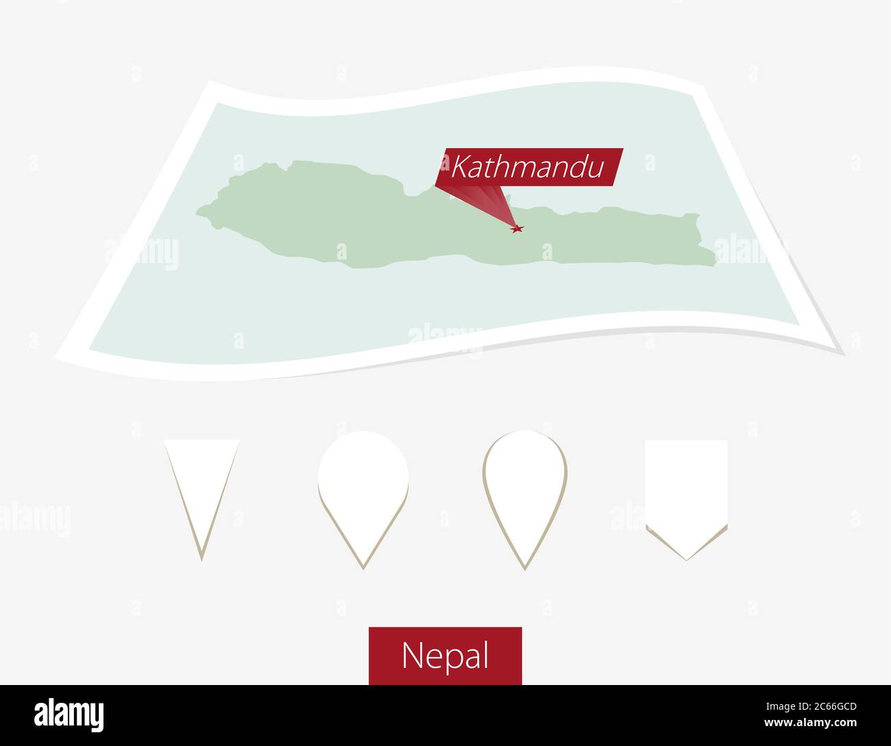 Curved paper map of Nepal with capital Kathmandu on Gray Background ...