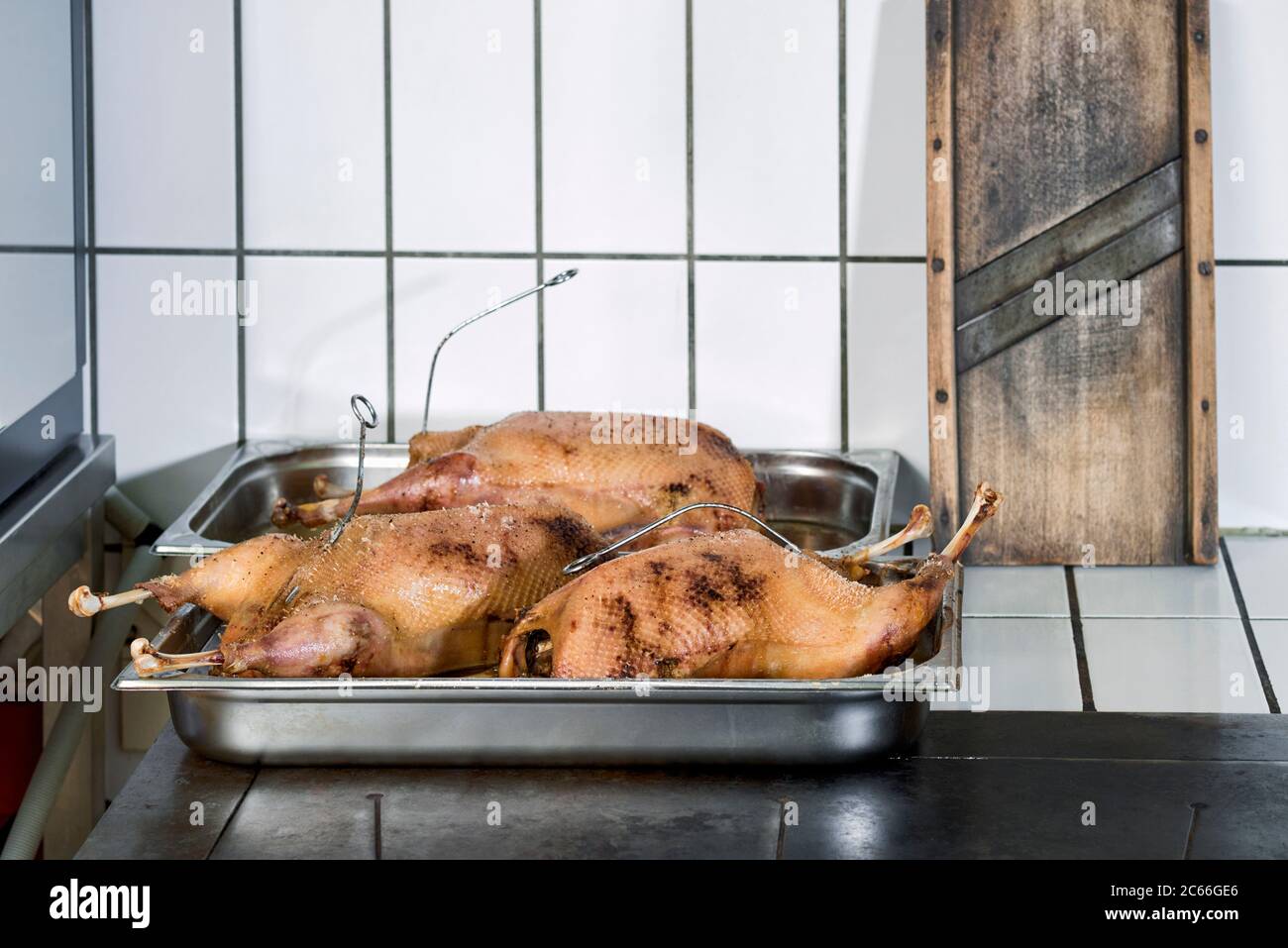 Geese in stainless steel roasting pans after having been cooked in the ...