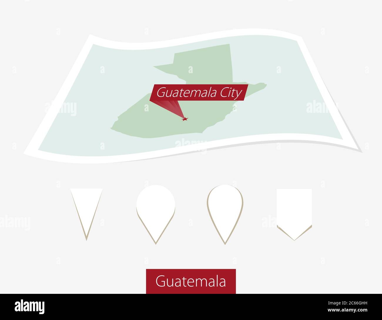 Curved paper map of Guatemala with capital Guatemala City on Gray ...