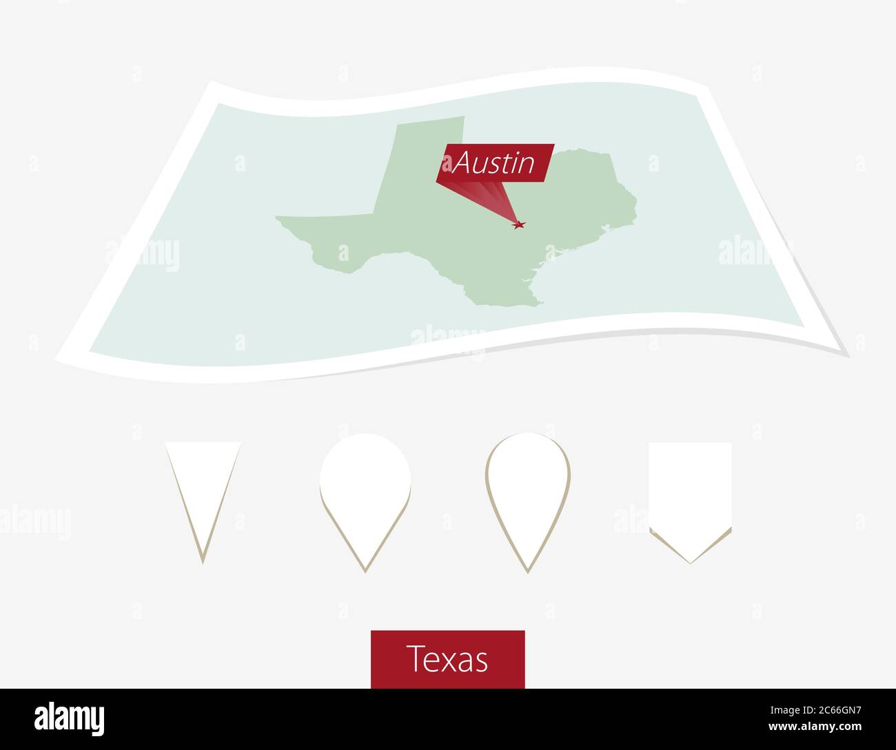 Curved paper map of Texas state with capital Austin on Gray Background ...