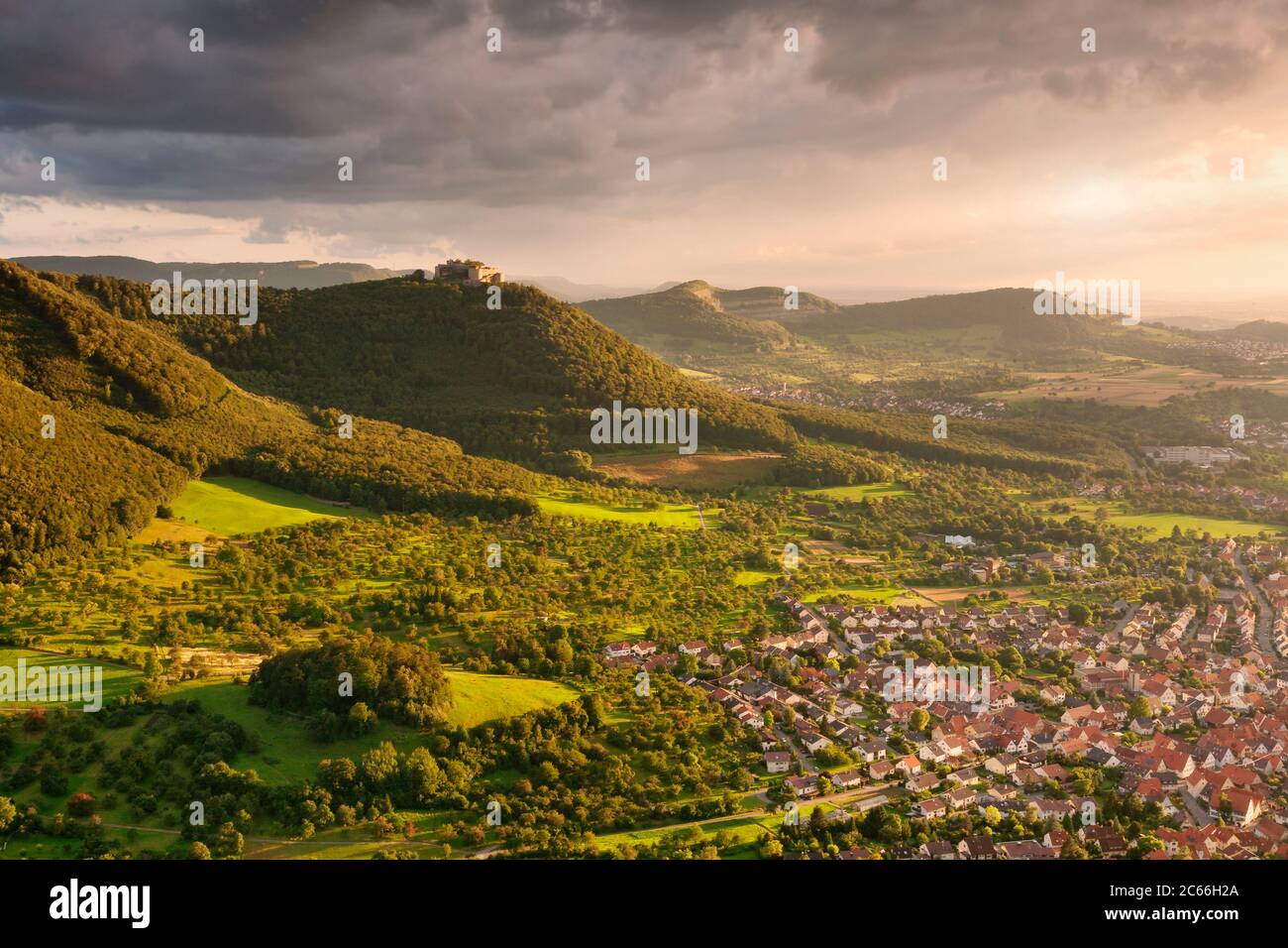 View from the Beurener Fels to the Albtrauf near Beuren with the ...