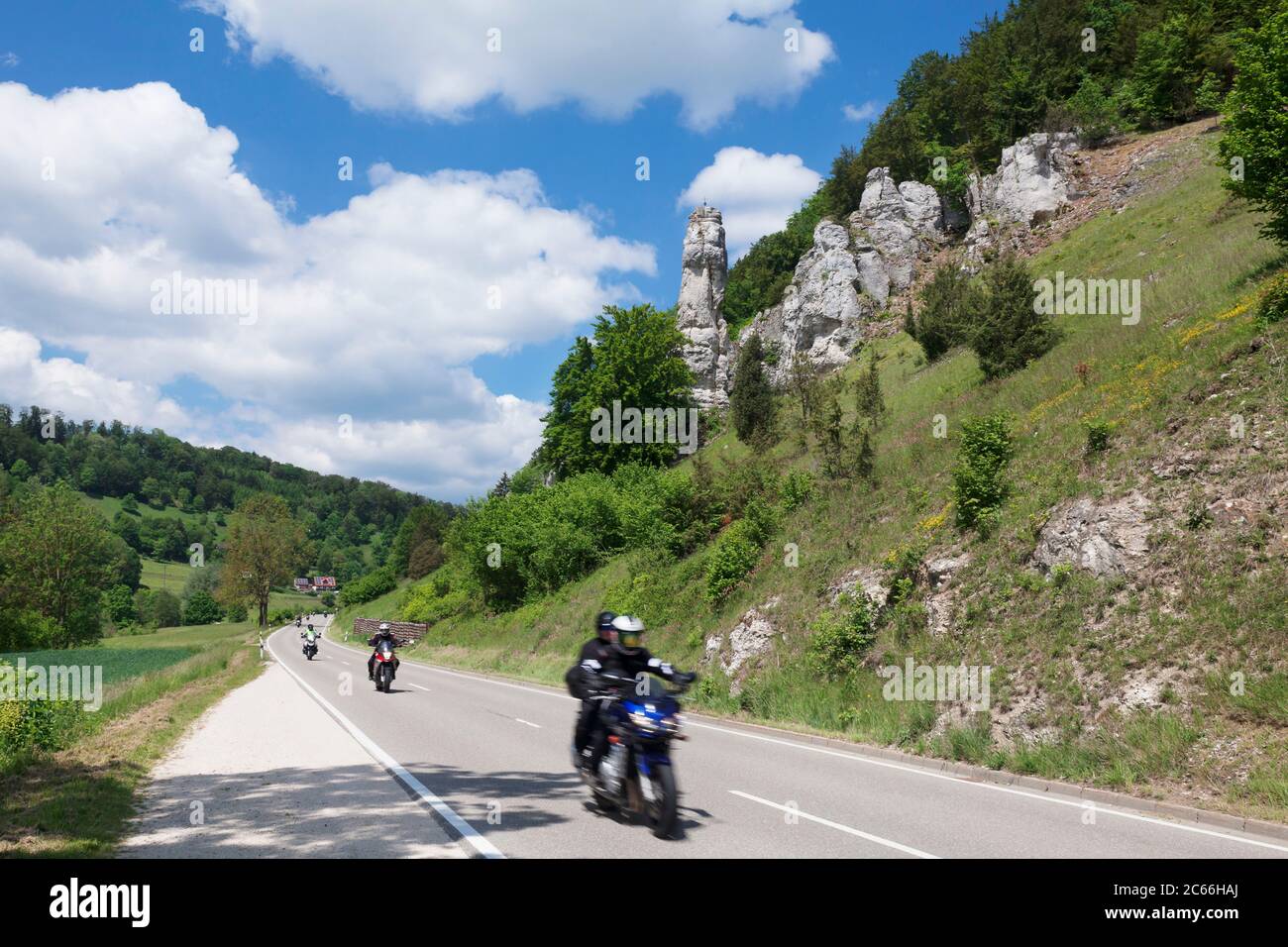Motorcyclists at the natural monument Spitzer Stein, Bichishausen ...