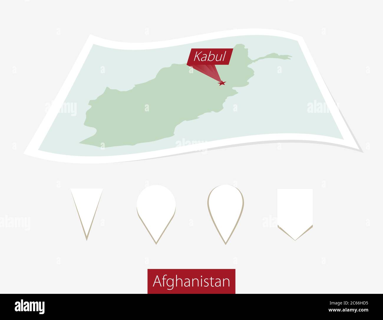 Curved paper map of Afghanistan with capital Kabul on Gray Background ...