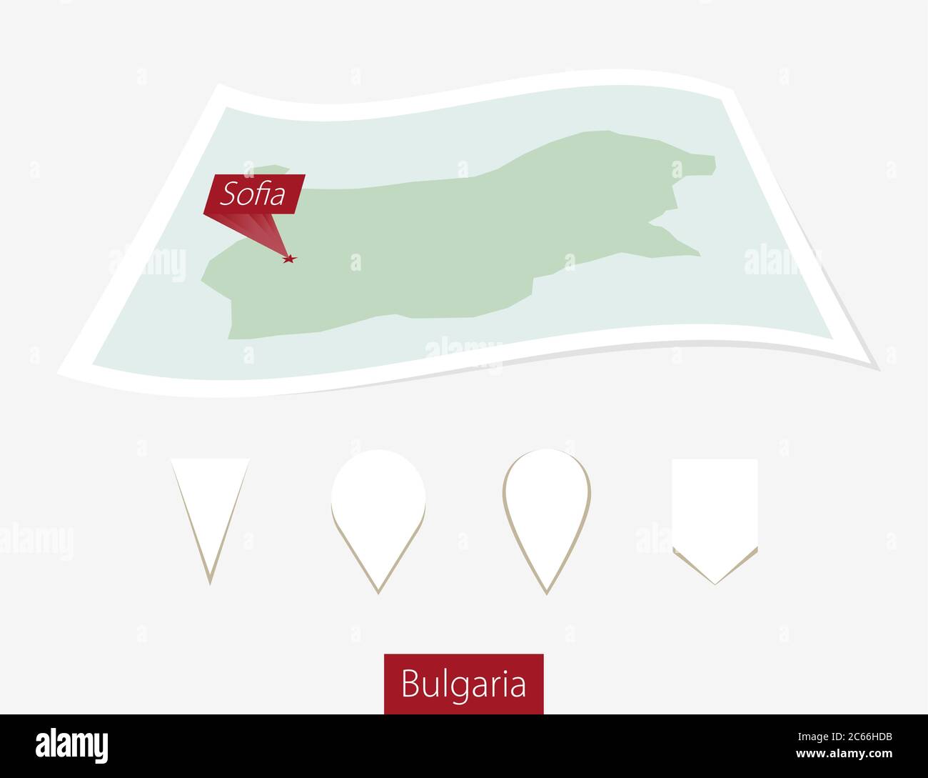 Curved paper map of Bulgaria with capital Sofia on Gray Background ...