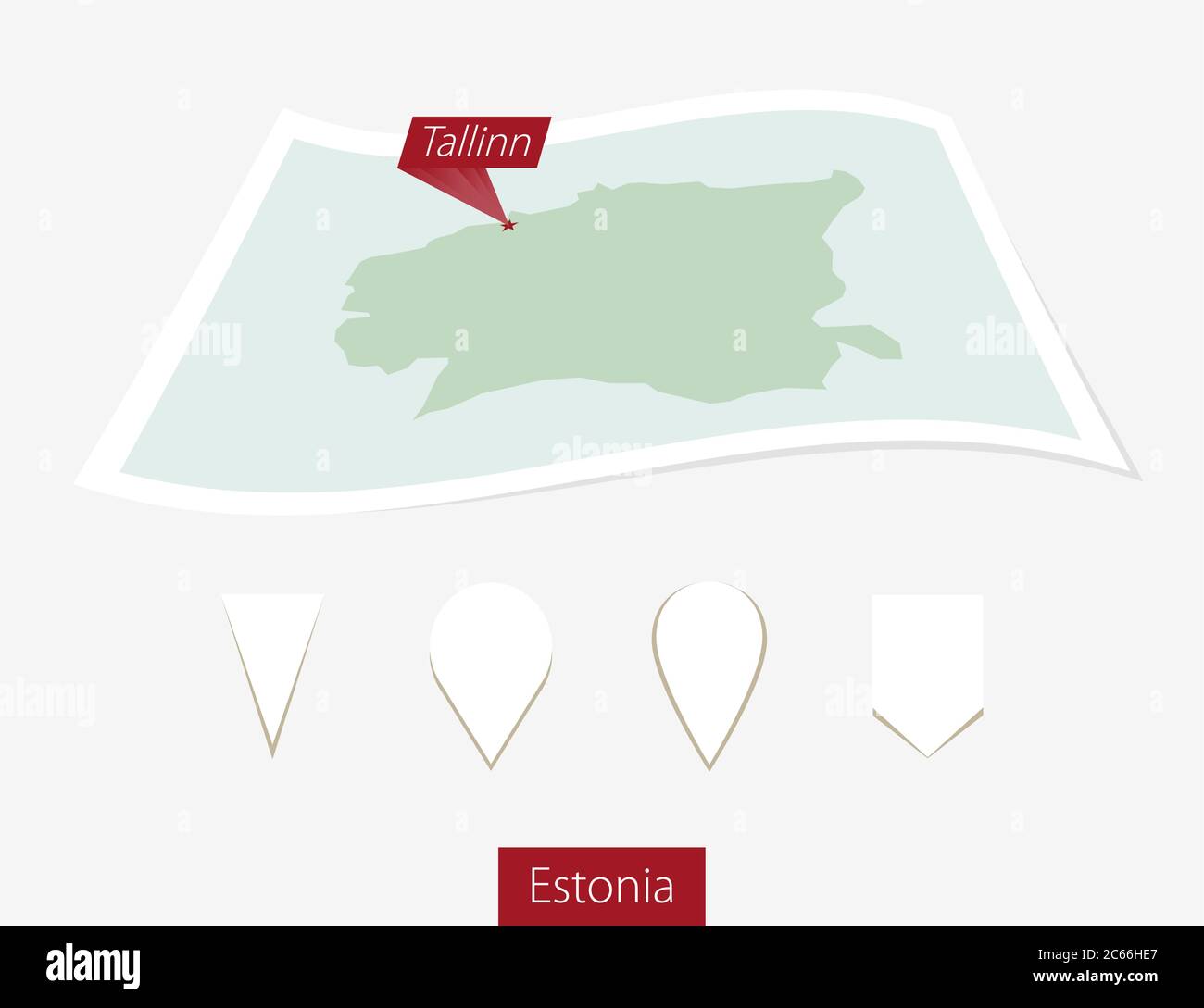 Curved paper map of Estonia with capital Tallinn on Gray Background ...