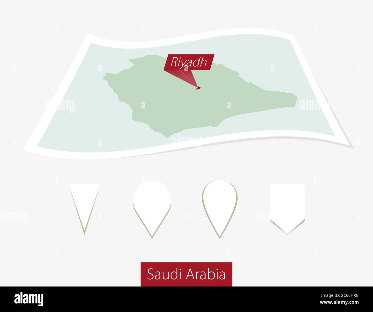 Curved paper map of Saudi Arabia with capital Riyadh on Gray Background ...