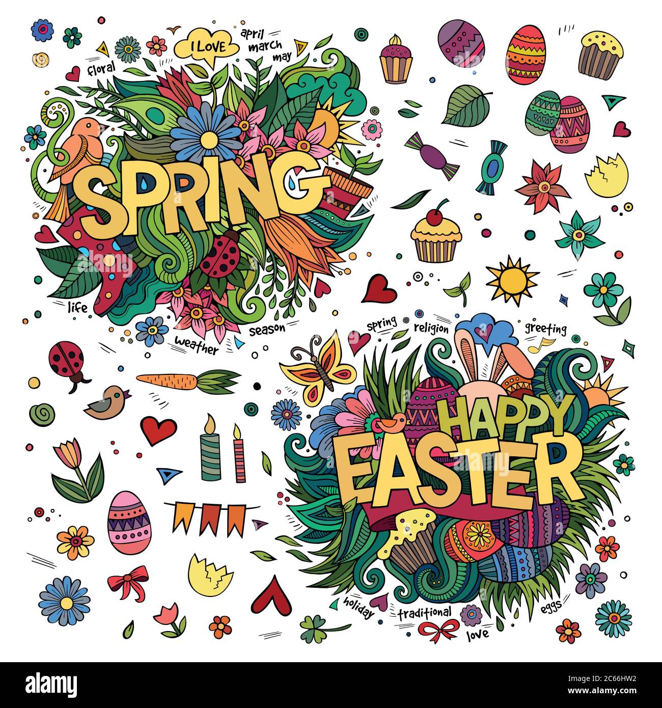 Easter and Spring hand lettering and doodles elements Stock Vector ...