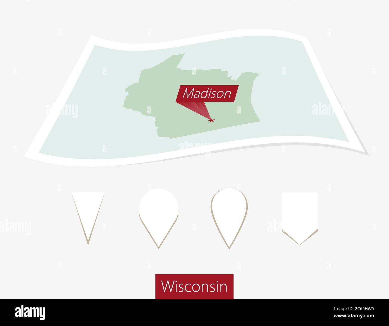 Curved paper map of Wisconsin state with capital Madison on Gray ...