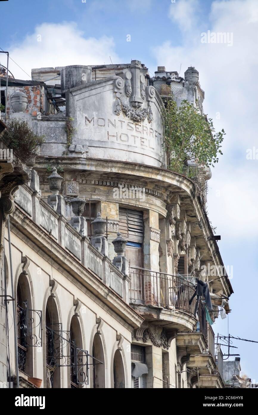 Cuba, Havana, ruin, Montserrat Hotel, roof frieze with lettering Stock ...