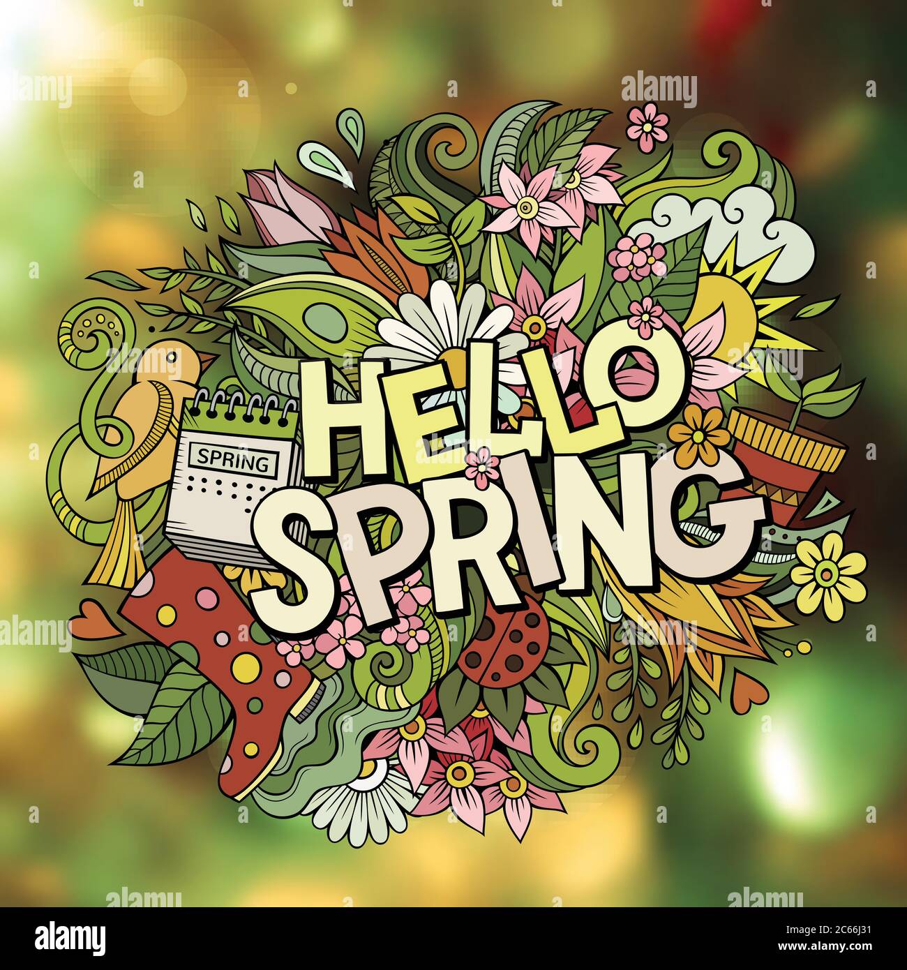 Cartoon cute doodles hand drawn Hello Spring illustration Stock Vector ...