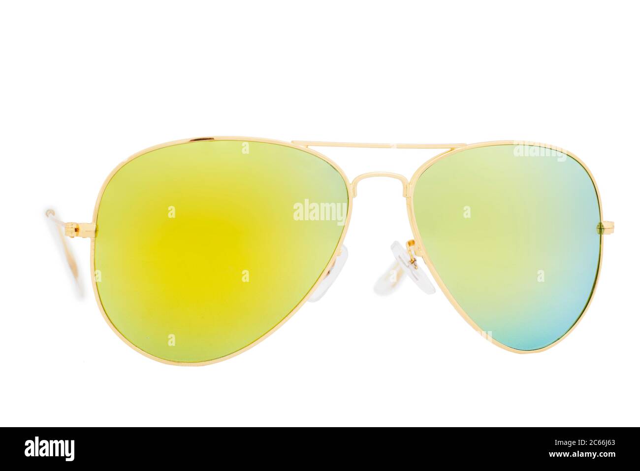 Gold sunglasses with yellow mirror lens isolated on white background ...