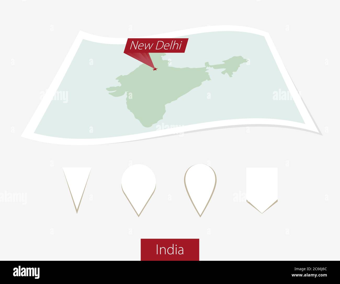 Curved paper map of India with capital New Delhi on Gray Background ...