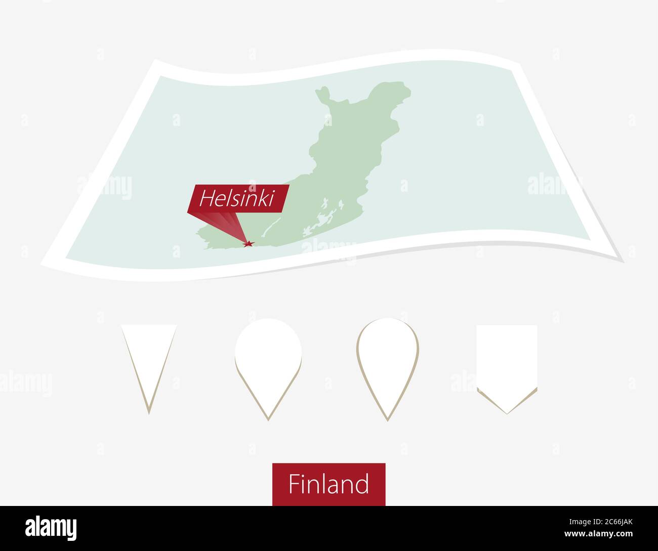 Curved paper map of Finland with capital Helsinki on Gray Background ...