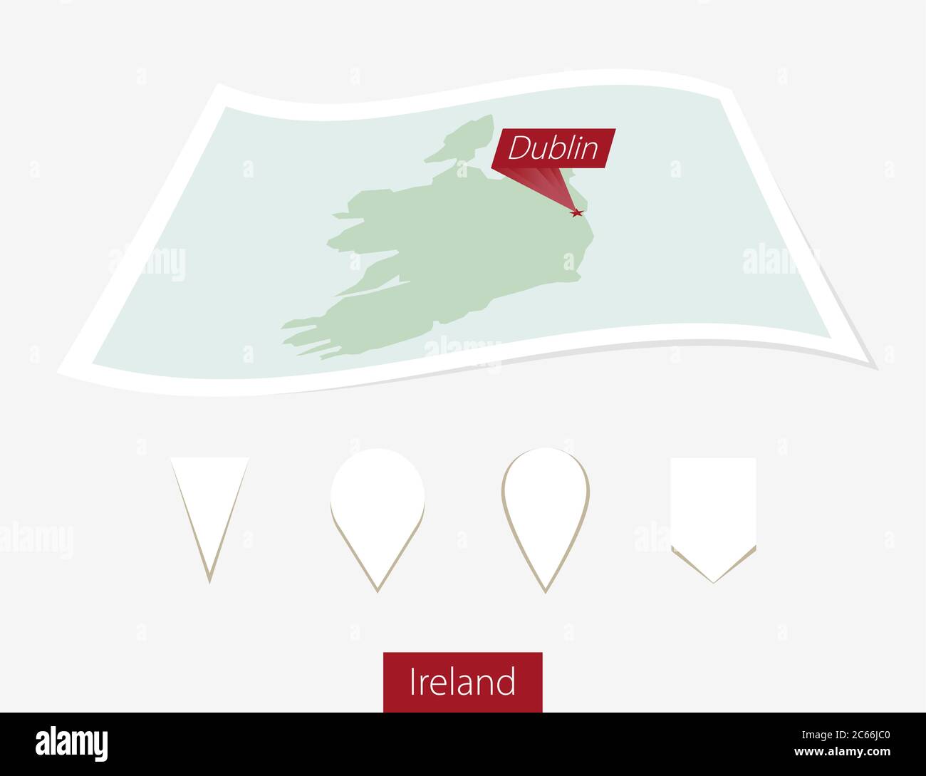 Curved paper map of Ireland with capital Dublin on Gray Background ...