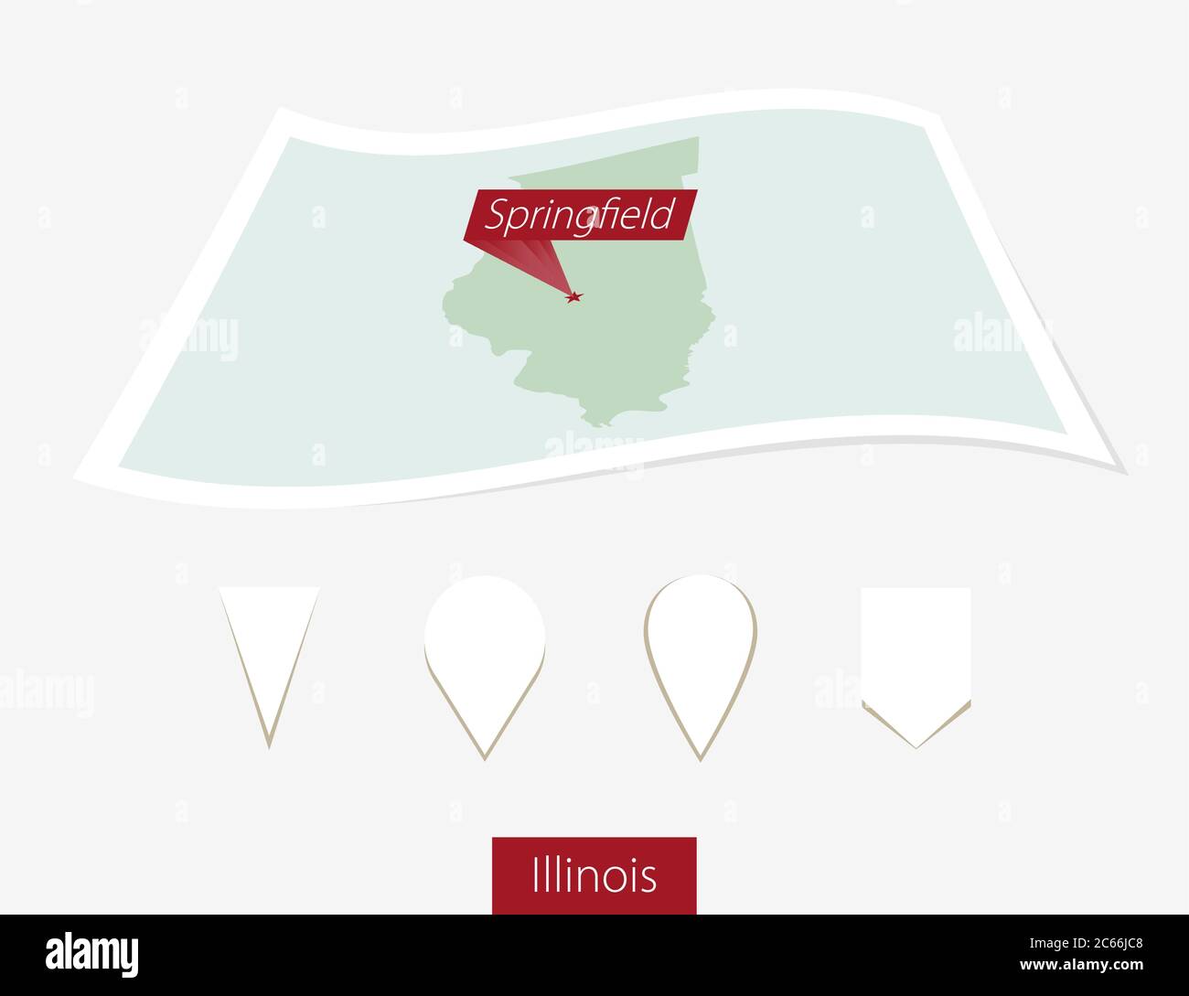 Curved paper map of Illinois state with capital Springfield on Gray ...