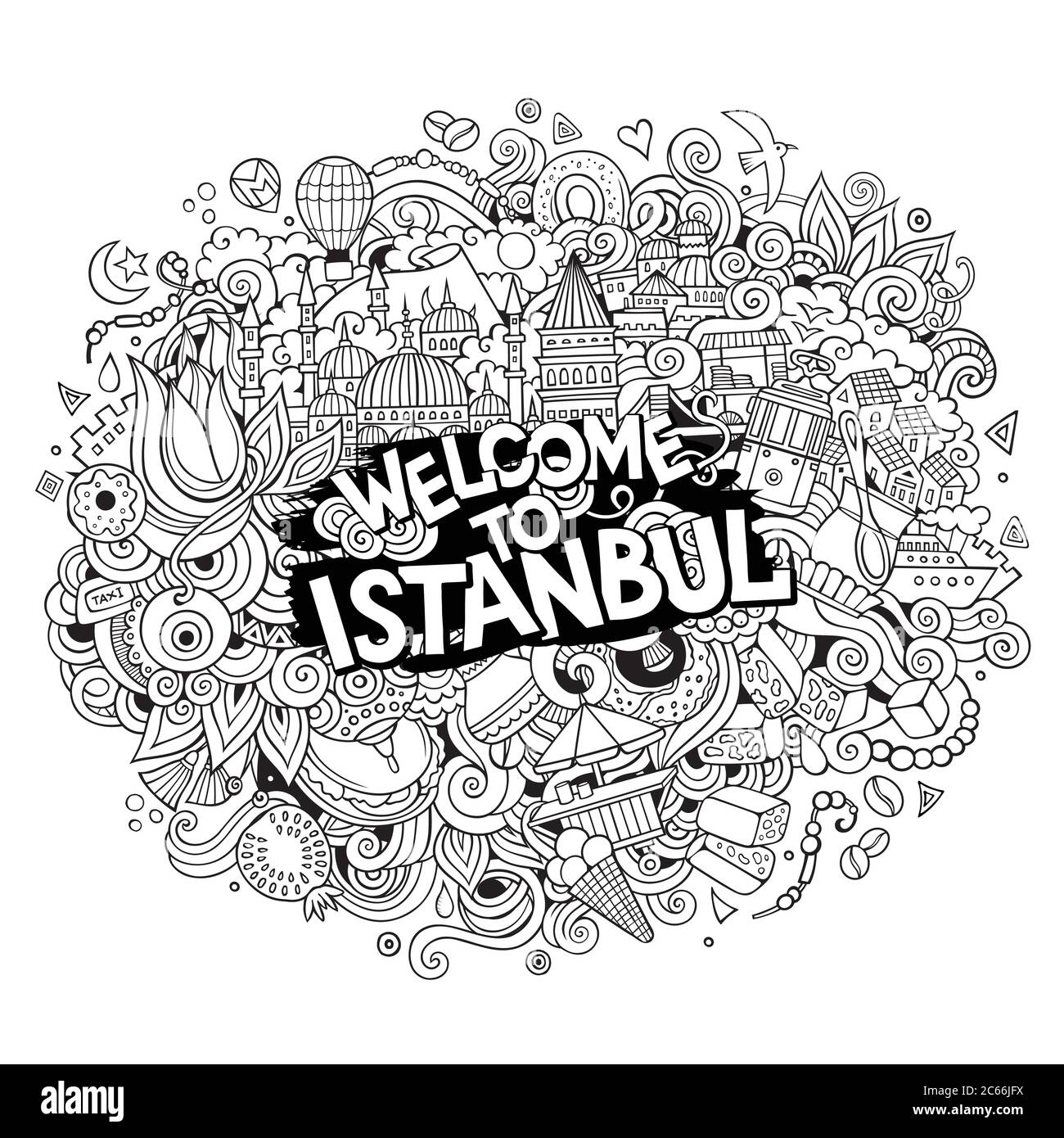 Cartoon cute doodles hand drawn Welcome to Istanbul inscription Stock ...