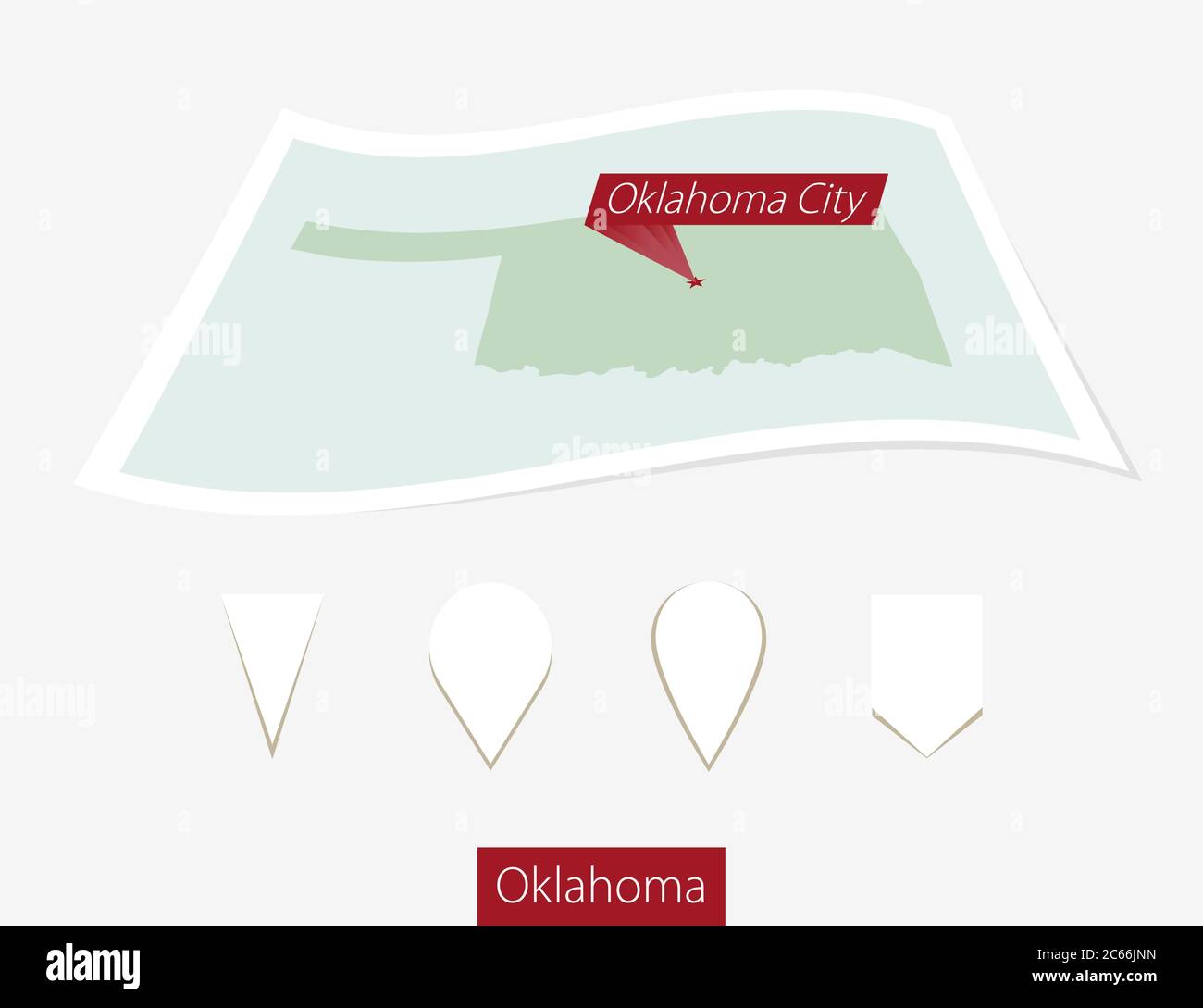Curved paper map of Oklahoma state with capital Oklahoma City on Gray ...