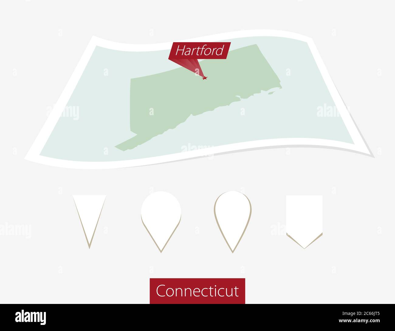 Curved paper map of Connecticut state with capital Hartford on Gray ...