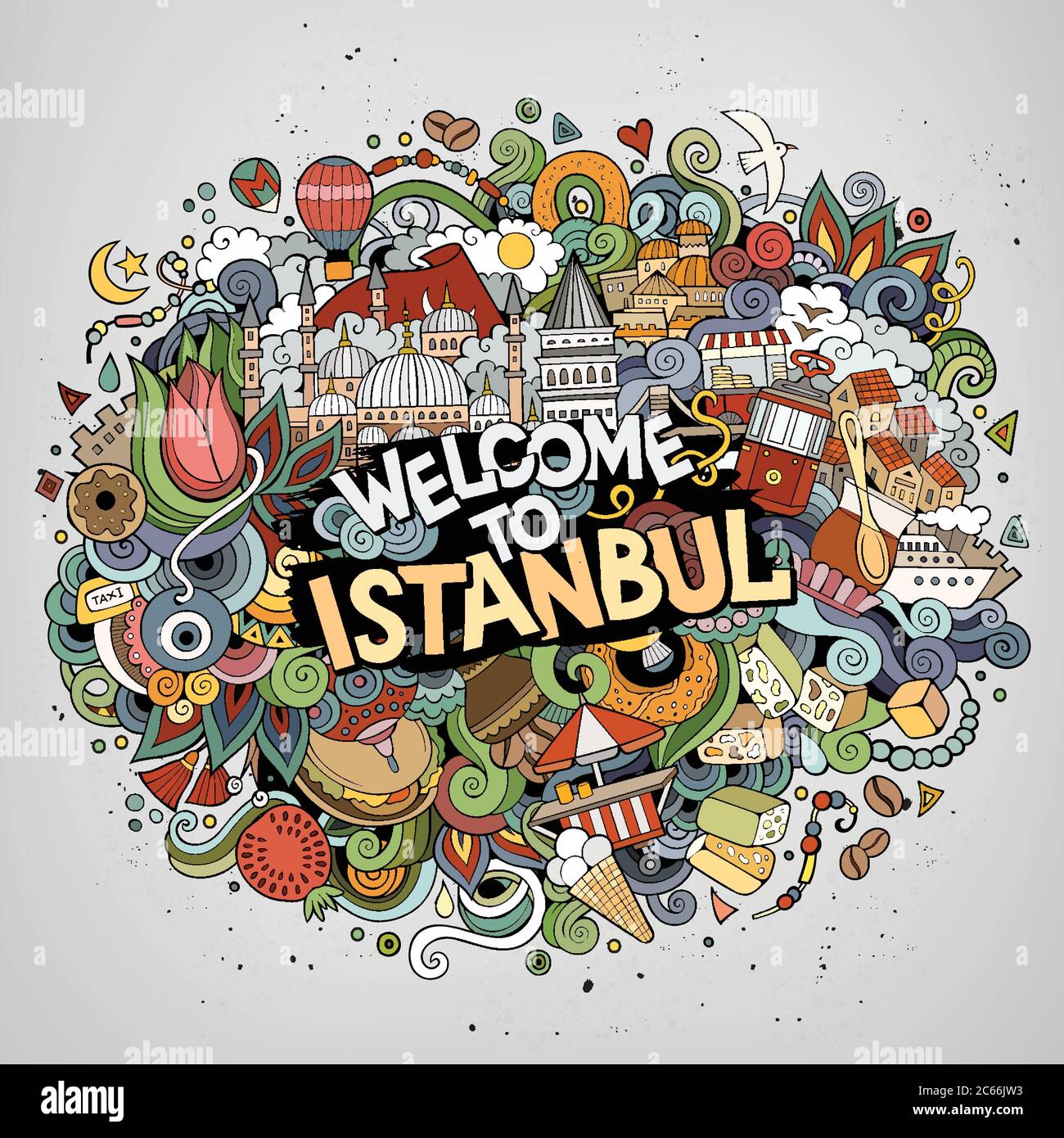 Cartoon cute doodles hand drawn Welcome to Istanbul inscription Stock ...