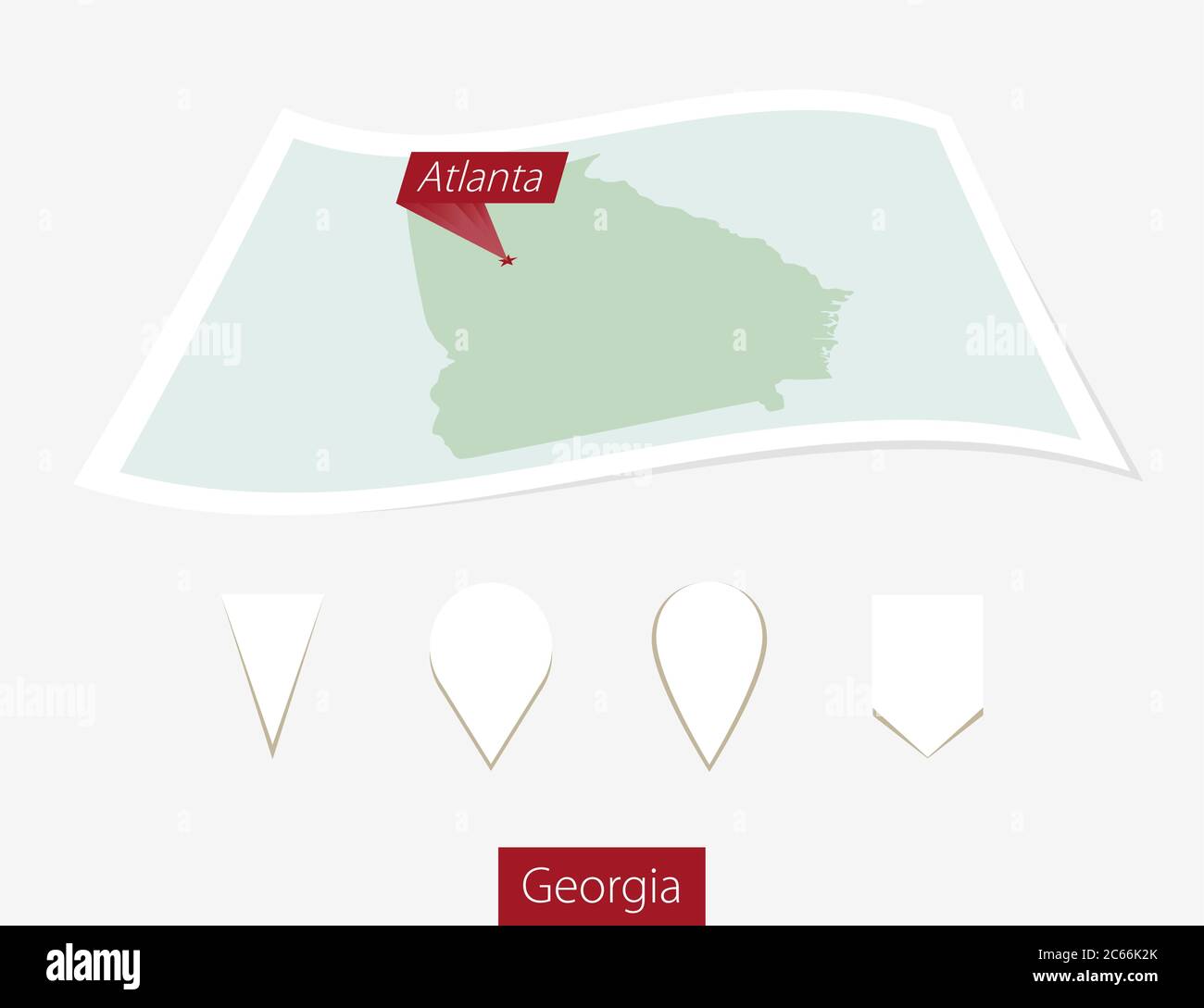 Curved paper map of Georgia state with capital Atlanta on Gray ...