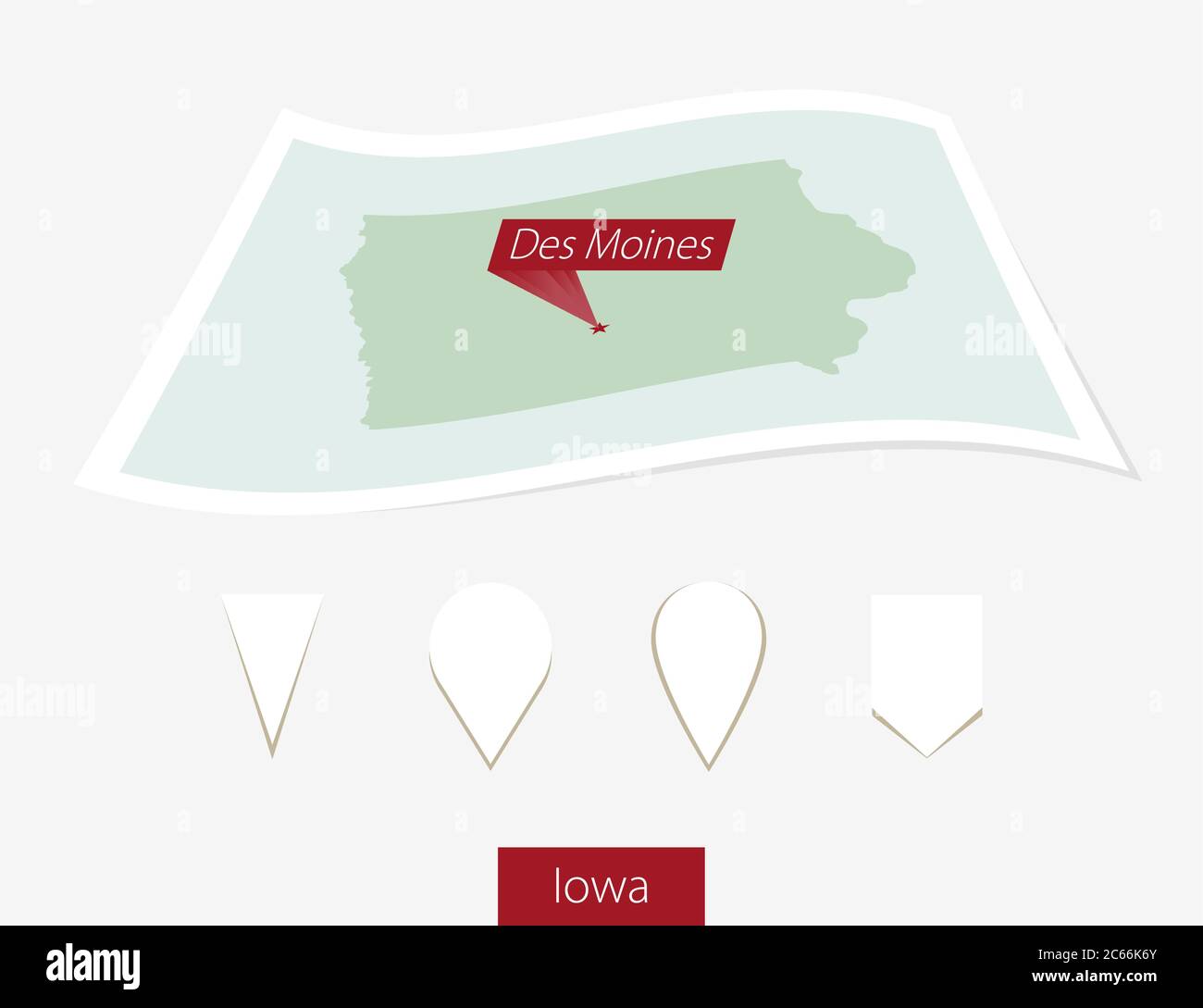 Curved paper map of Iowa state with capital Des Moines on Gray ...