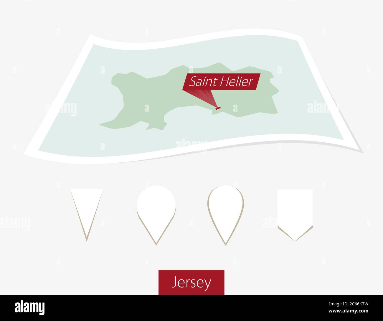Curved paper map of Jersey with capital Saint Helier on Gray Background ...