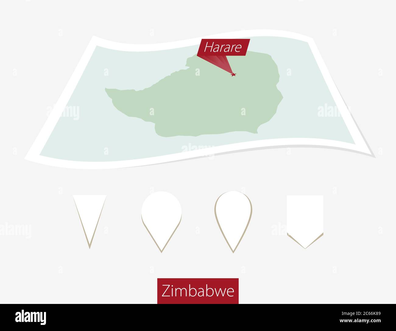 Curved paper map of Zimbabwe with capital Harare on Gray Background ...