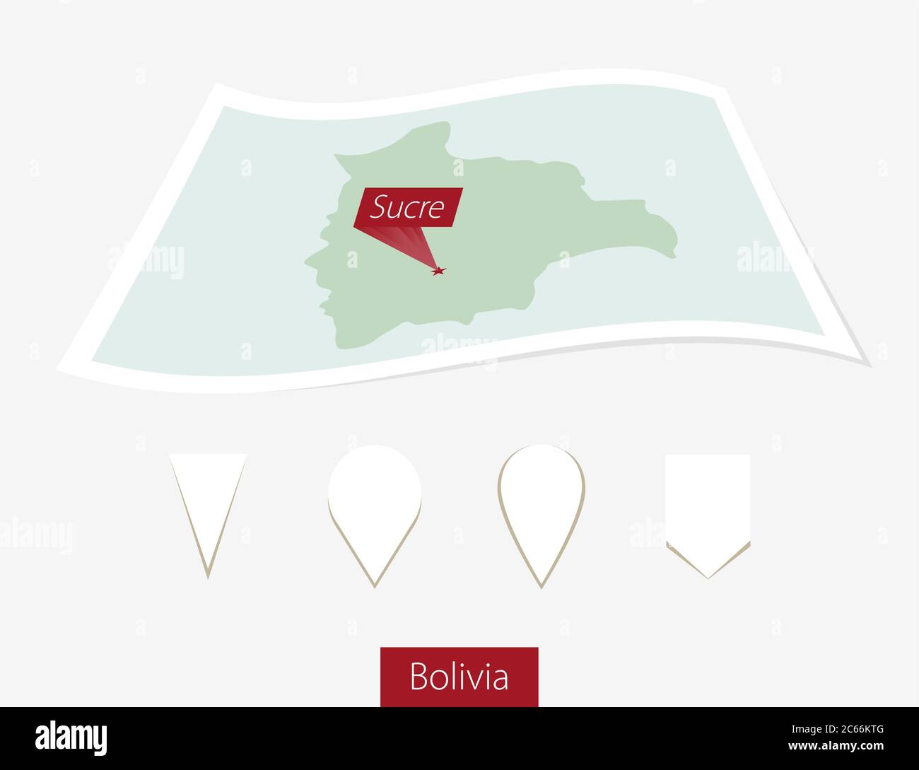 Curved paper map of Bolivia with capital Sucre on Gray Background. Four ...