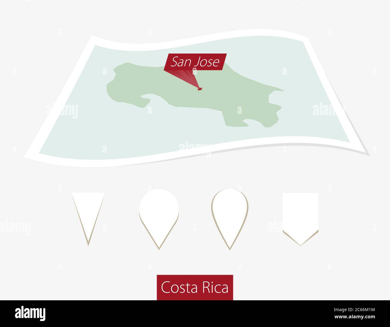 Curved paper map of Costa Rica with capital San Jose on Gray Background ...