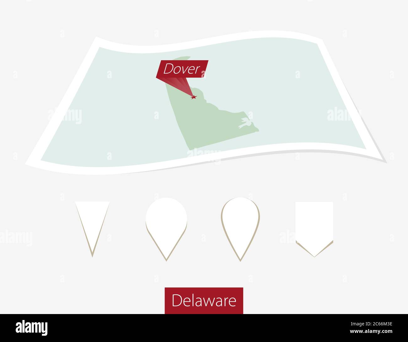 Curved paper map of Delaware state with capital Dover on Gray ...