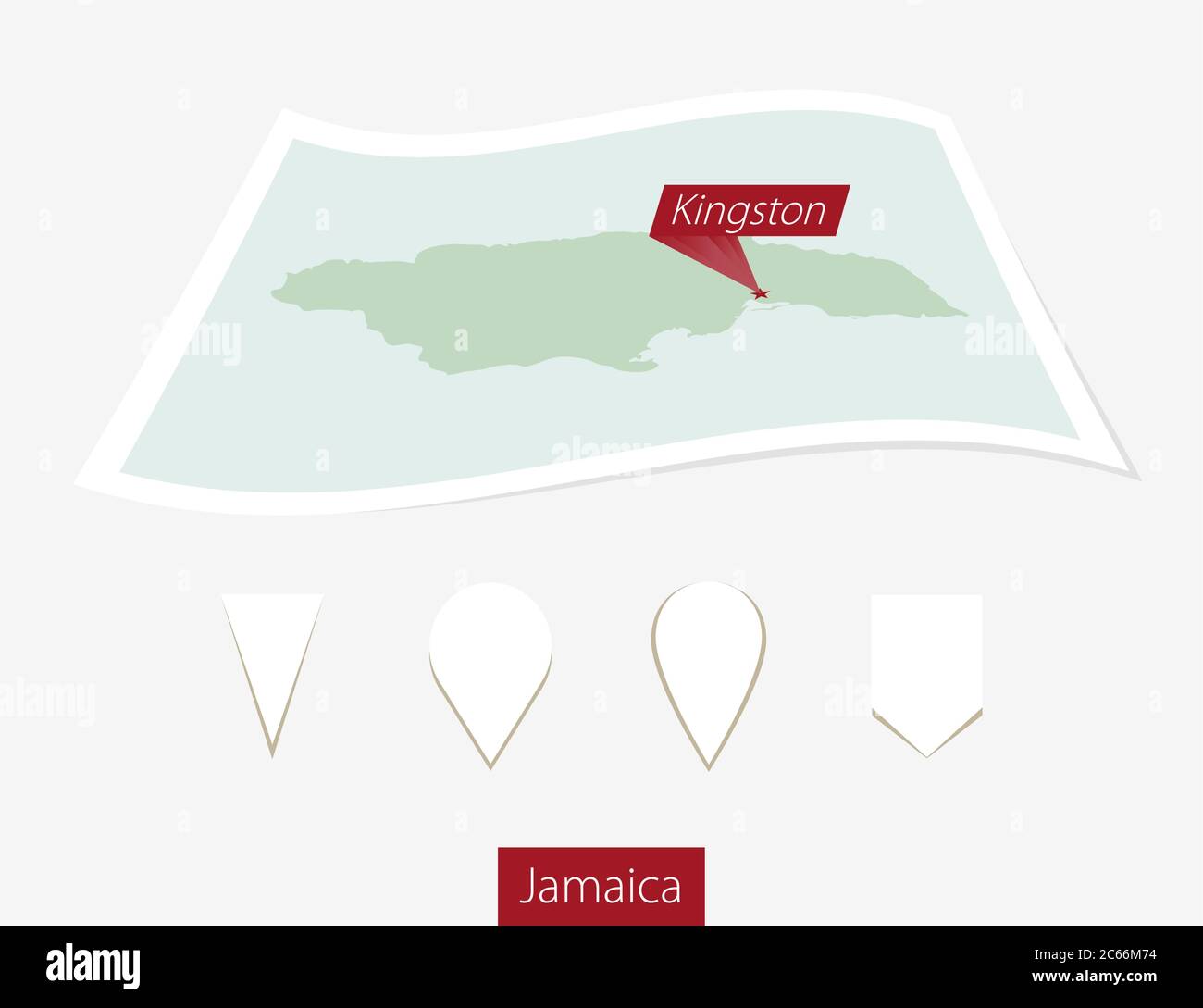 Curved paper map of Jamaica with capital Kingston on Gray Background ...