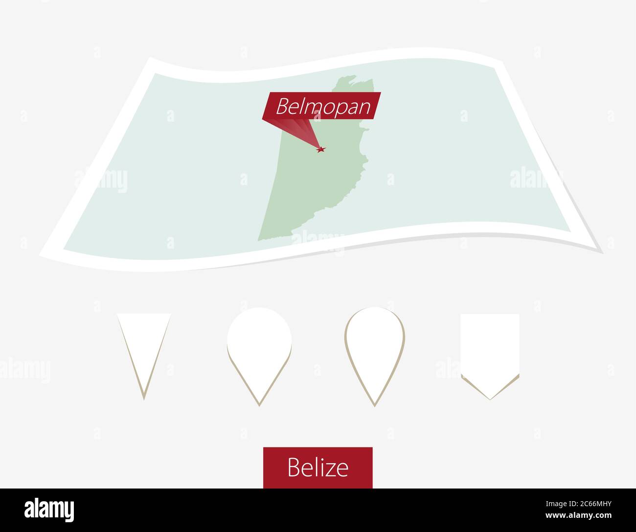 Curved paper map of Belize with capital Belmopan on Gray Background ...
