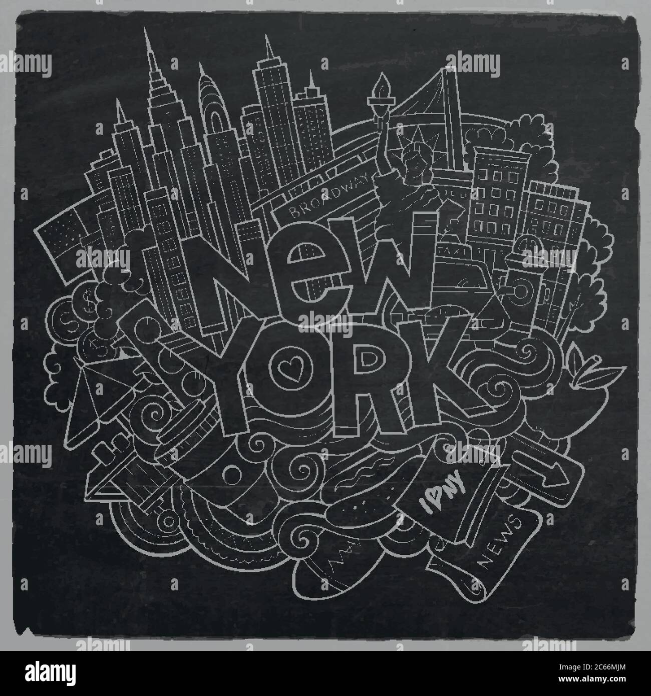 Cartoon cute doodles hand drawn New York inscription Stock Vector Image ...