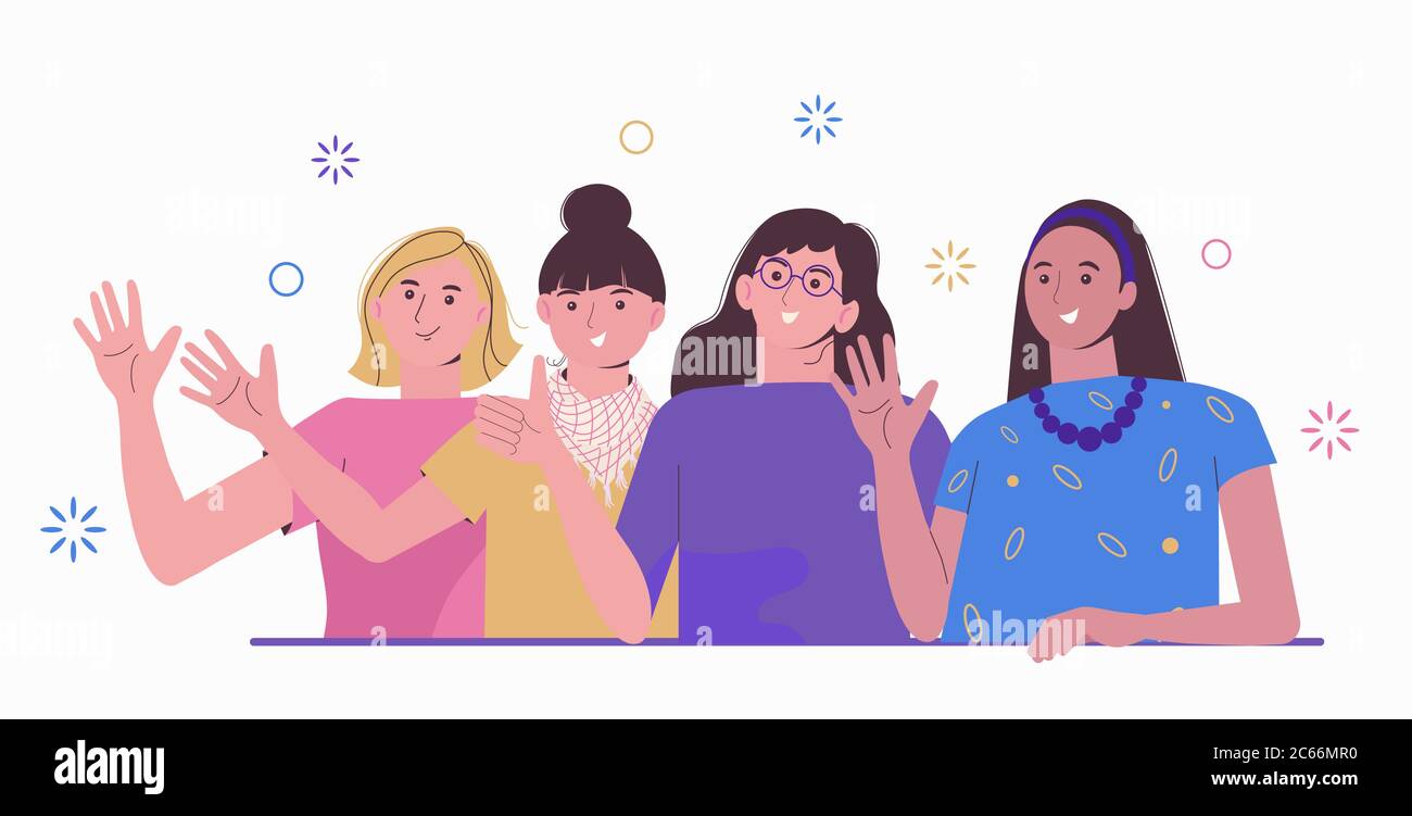 Group of happy young people hugging. Meeting women Friendship ...