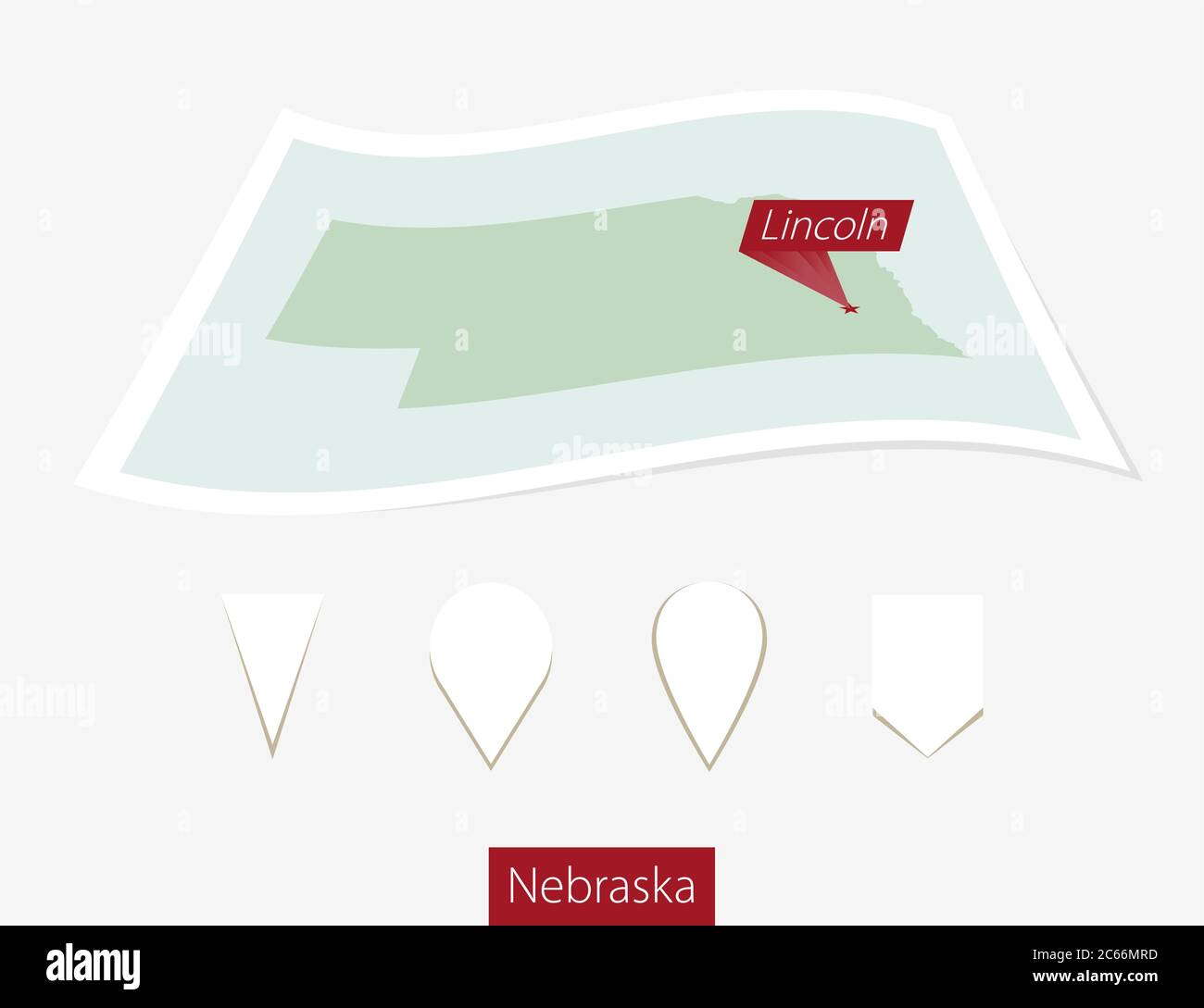 Curved paper map of Nebraska state with capital Lincoln on Gray ...