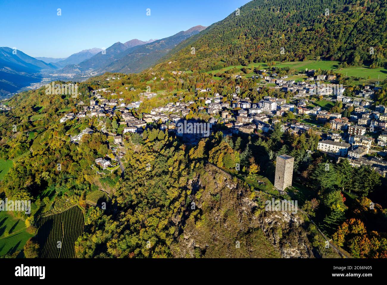 Teglio - Valtellina (IT) - Aerial view of the village towards the west ...