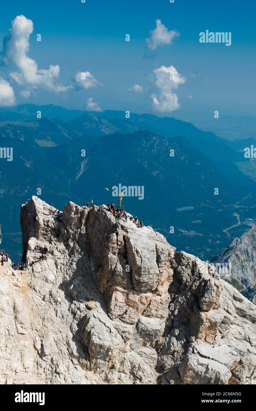 Zugspitze Peak with summit cross, aerial view, Bavaria, Germany Stock ...