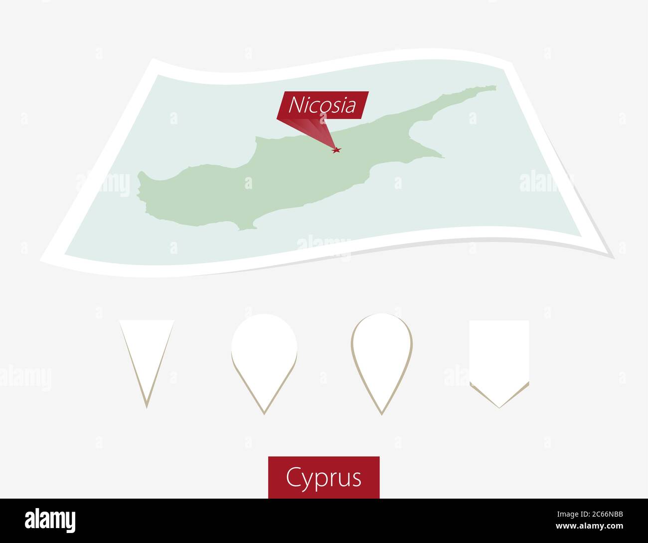 Curved paper map of Cyprus with capital Nicosia on Gray Background ...
