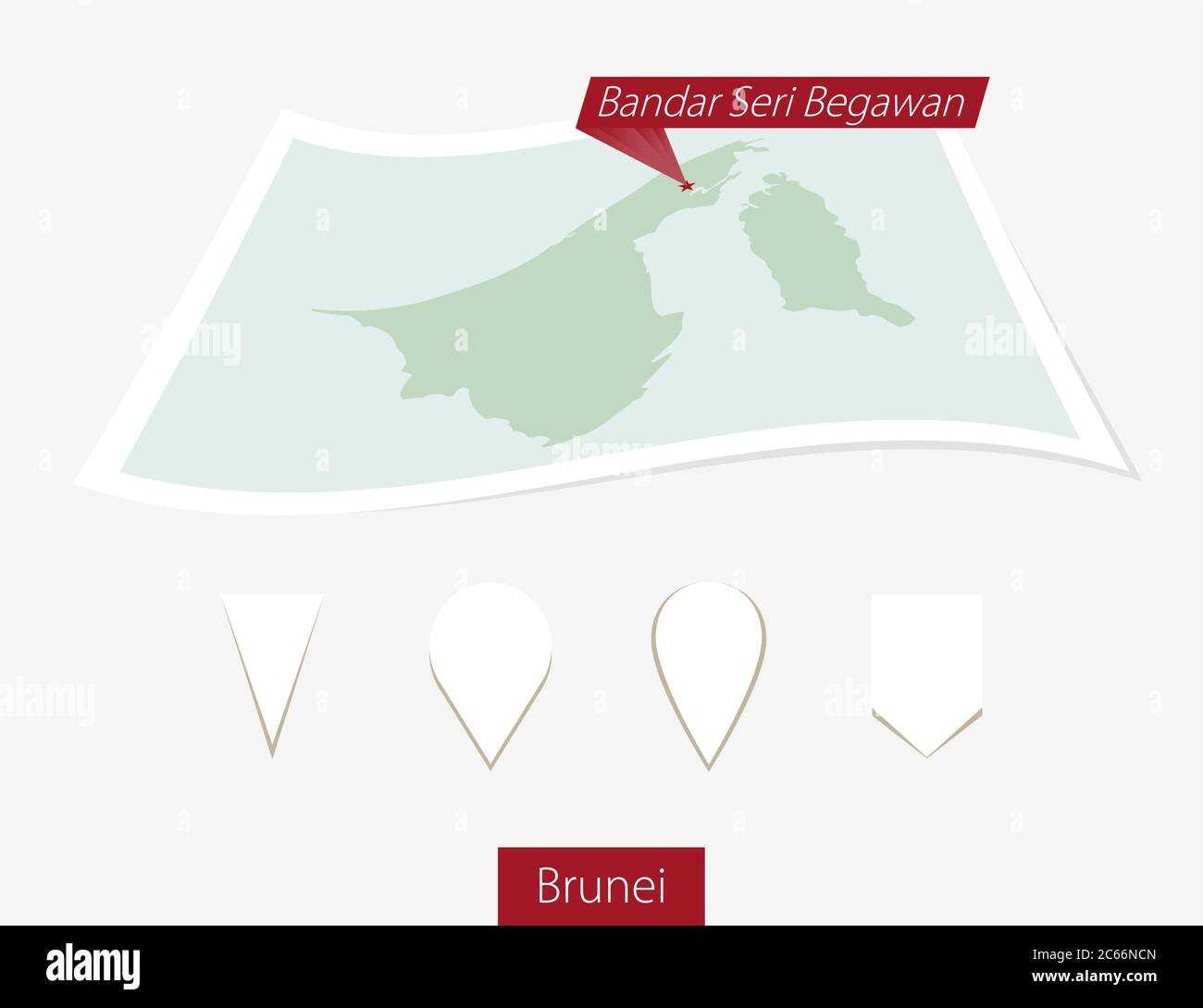 Curved paper map of Brunei with capital Bandar Seri Begawan on Gray ...