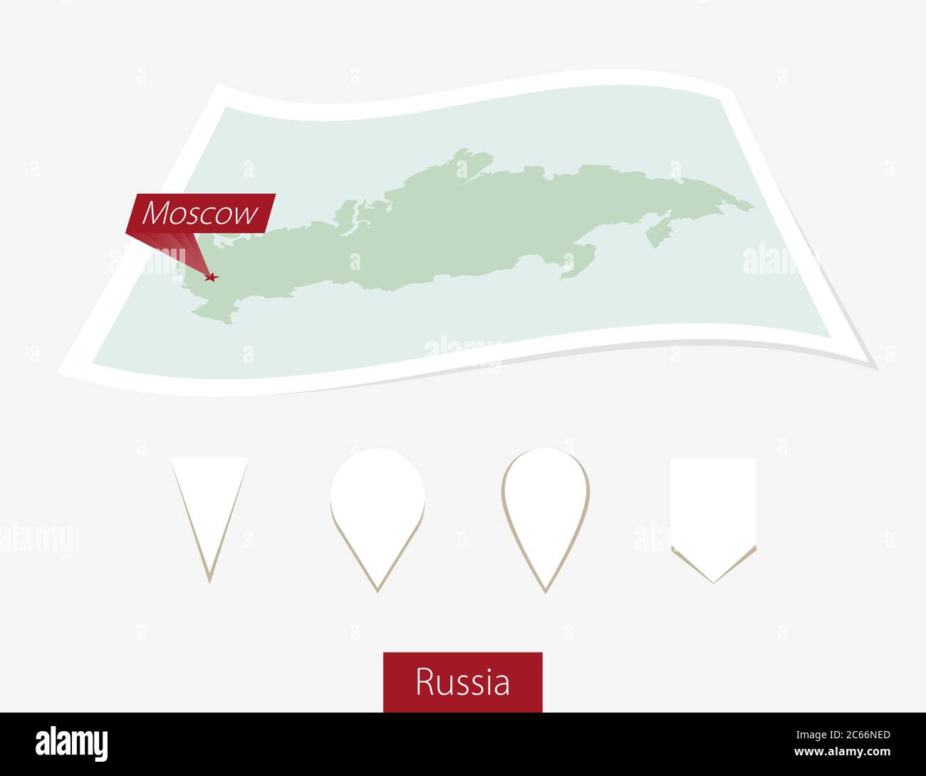Curved paper map of Russia with capital Moscow on Gray Background. Four ...