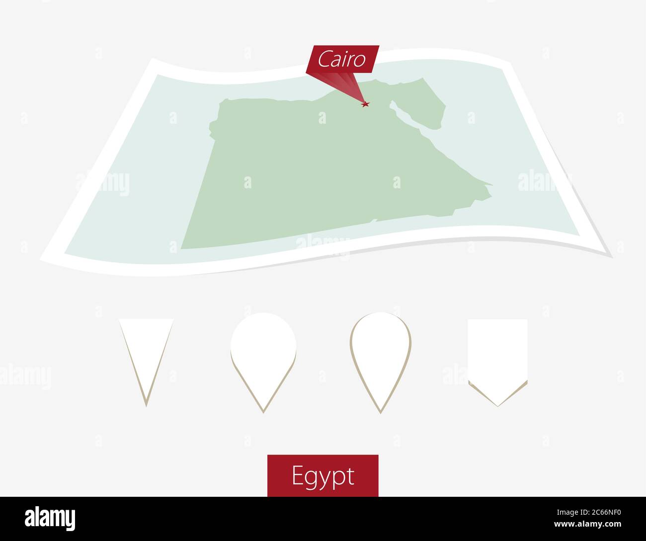Curved paper map of Egypt with capital Cairo on Gray Background. Four ...