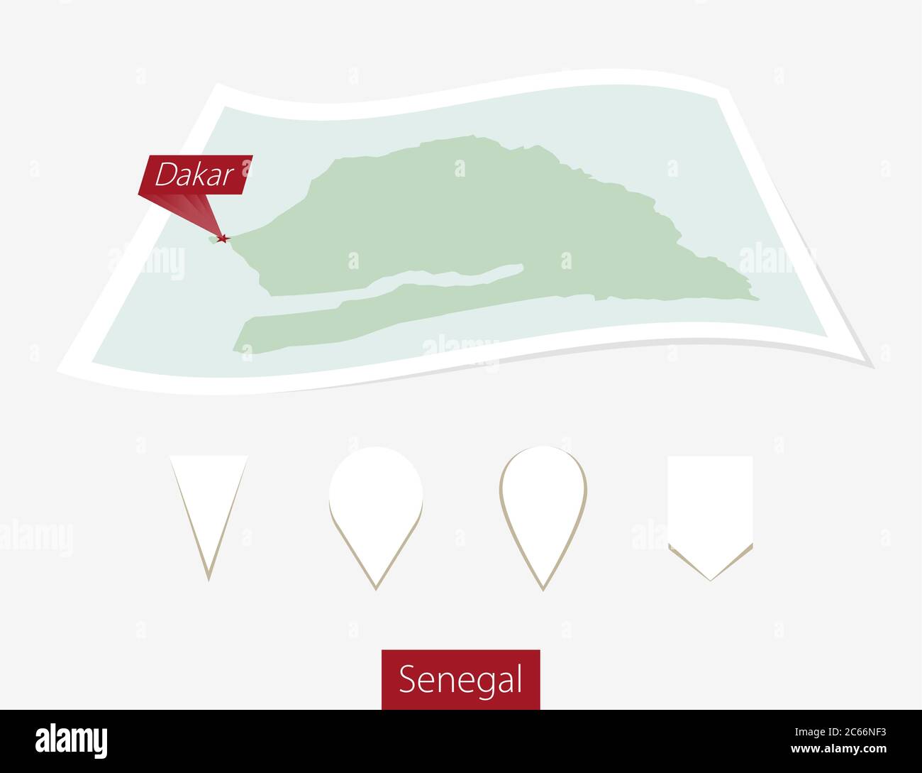 Curved paper map of Senegal with capital Dakar on Gray Background. Four ...