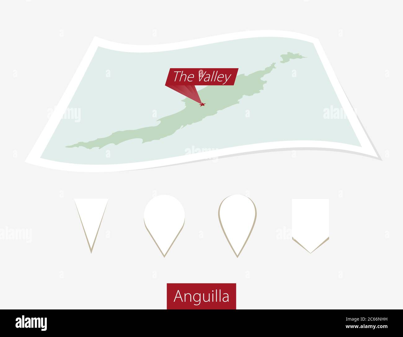 Curved paper map of Anguilla with capital The Valley on Gray Background ...