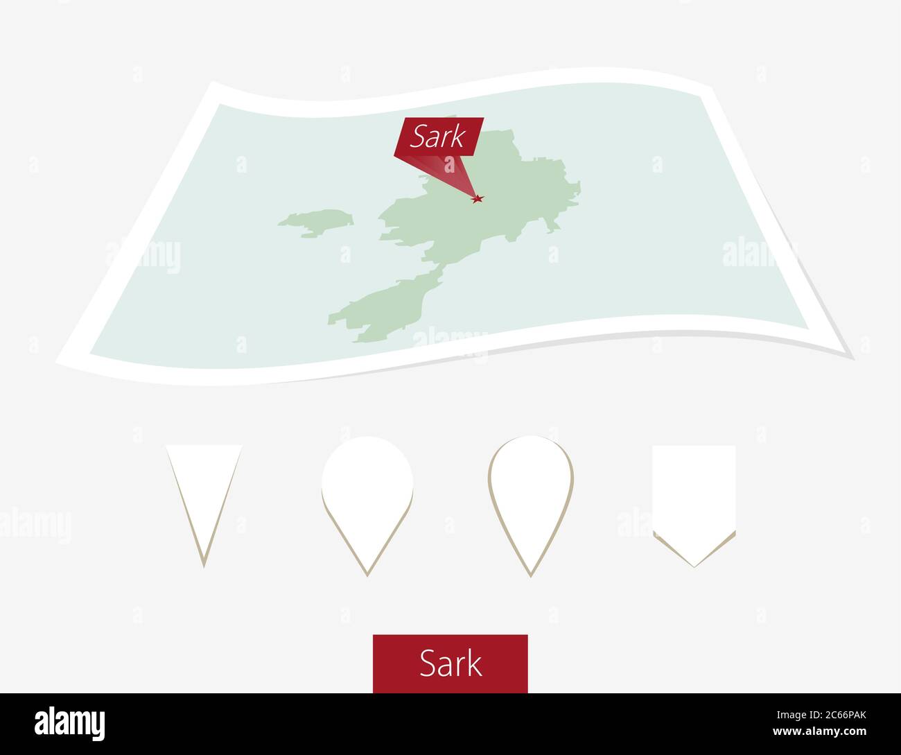 Curved paper map of Sark with capital on Gray Background. Four ...