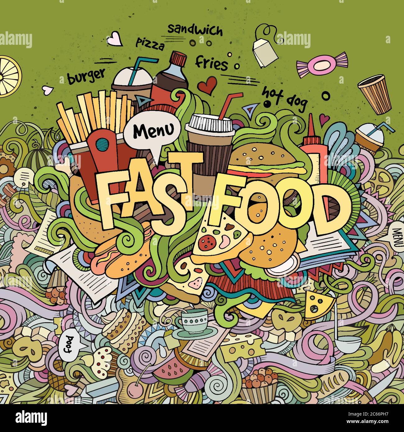 Fast food hand lettering and doodles elements background Stock Vector ...