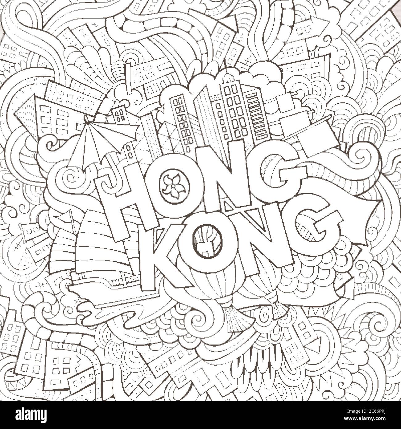 Hong Kong hand lettering and doodles elements background Stock Vector ...